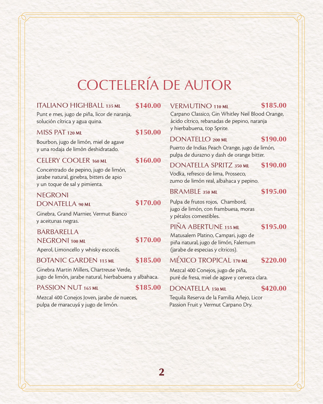 MENU BEBIDAS – Donatella
